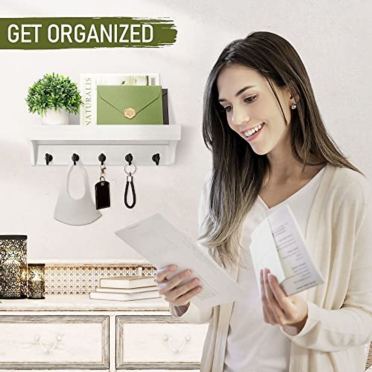 Rebee Vision Key and Mail Holder for Wall with Floating Shelf : Decorative Hanging Organizer with 5 Sturdy Keys Hooks and Wall Mount Key Rack - Farmhouse Entryway Décor (Modern White)