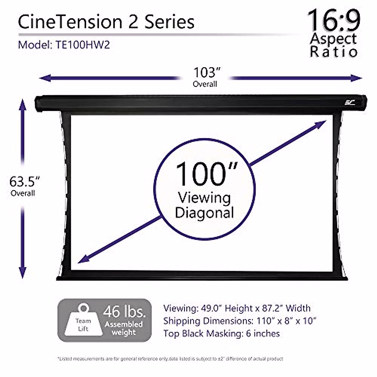 Elite Screens CineTension 2, 100-inch Diagonal 16:9, 4K/8K Tab-Tensioned Electric Drop Down Projection Projector Screen, TE100HW2