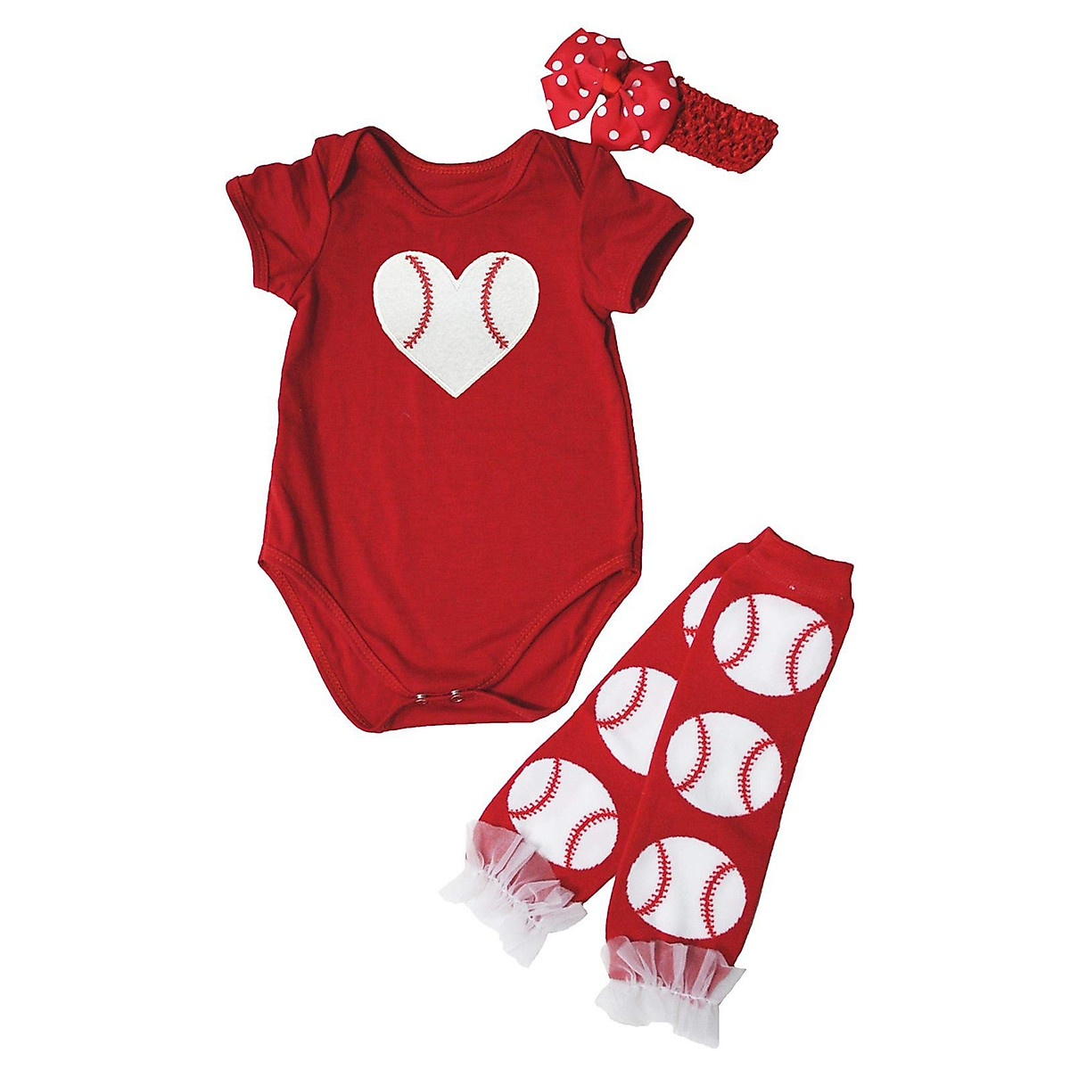 Petitebella Baseball Heart Baby Bodysuit Leg Warmer Nb-18m (Red, 0-3 Months)