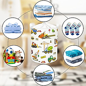 Clastyle 45L Cartoon Construction Vehicles Waterproof Laundry Hamper Collapsible Excavators Truck Laundry Basket with Drawstring for Nursery, 14.2 * 17.7 in