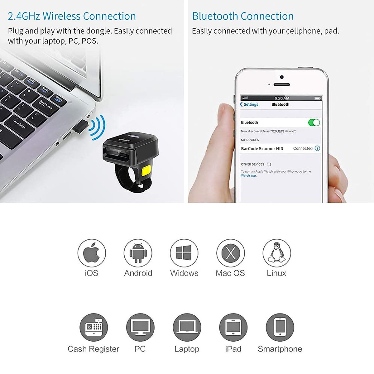 Symcode 2D Bluetooth Wireless QR Barcode Scanner,Portable Ring Wearable Finger 1D 2D Mini Bar Code Reader Scanner Suppot Screen Scanning with Bluetooth & 2.4GHz Wireless & Wired Connection Scanner