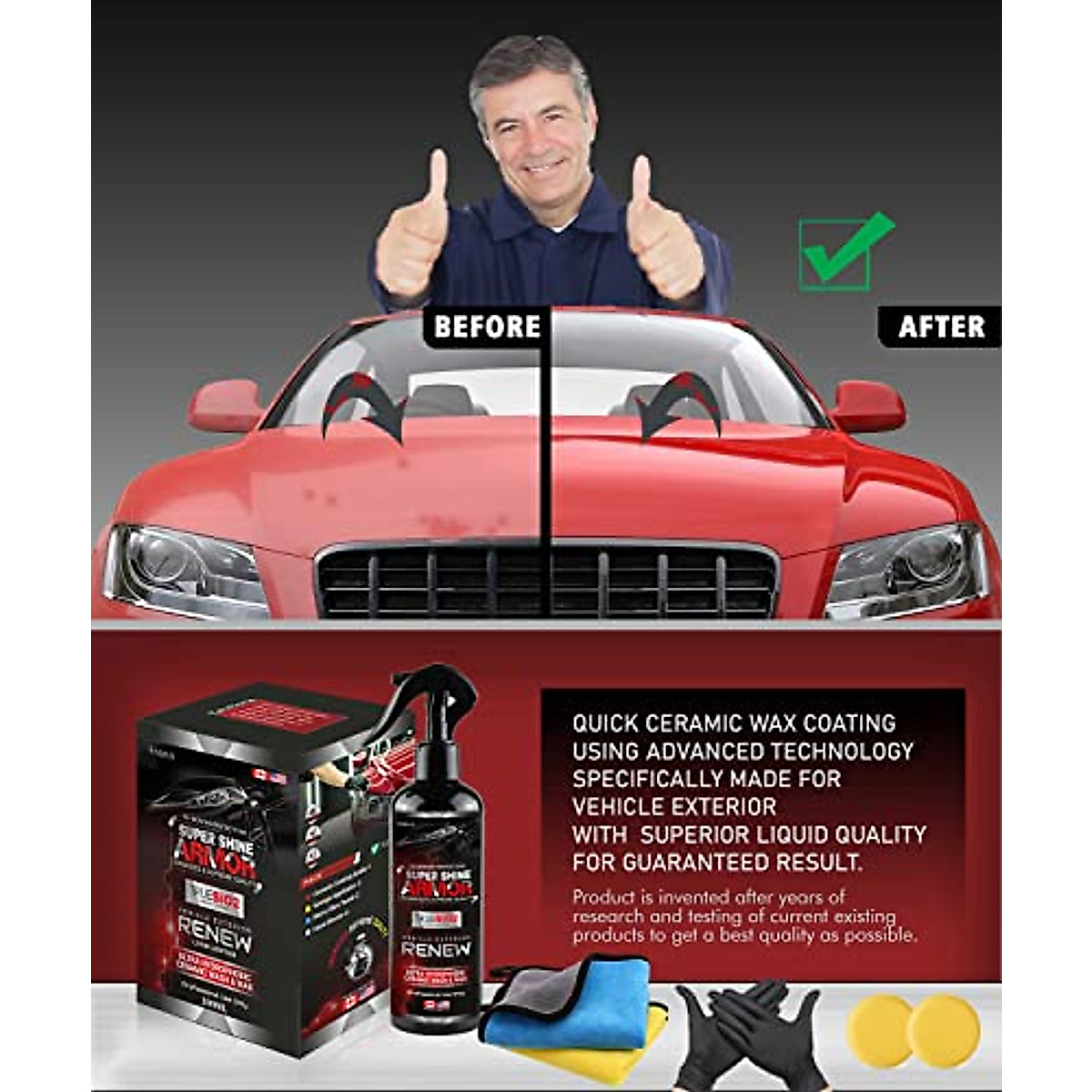 Super Shine Armor Supreme Quality Waterless Wash and Wax Ceramic Coating with Accessories - Clean Vehicle Exterior, Shine, and Protect from Rusting and Scratches with Long Lasting Hydrophobic Effect