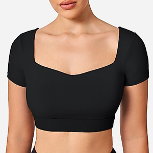 YEOREO Women Open Back Tee Crop Tops with Removable Pad Workout Backless Gym Shirt Bra Going Out T Shirt Top