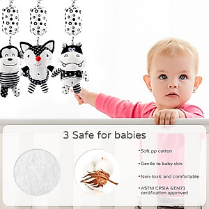 ZEIZRWK Hanging Rattles Toys White & Black Stroller Toy, Newborn Toys Infant Toys Crib Toys, Soft Plush for Stroller Car Seat Crib with Wind Chimes, Best Birthday Gift for Newborn(Fox Monkey Hippo)