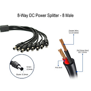 SOLTECH 8 Way DC Power Supply Splitter for Security Cameras 1 Female to 8 Male 5.5 * 2.1mm 8 Channel Y Adaptor for CCTV Surveillance Cameras (1)