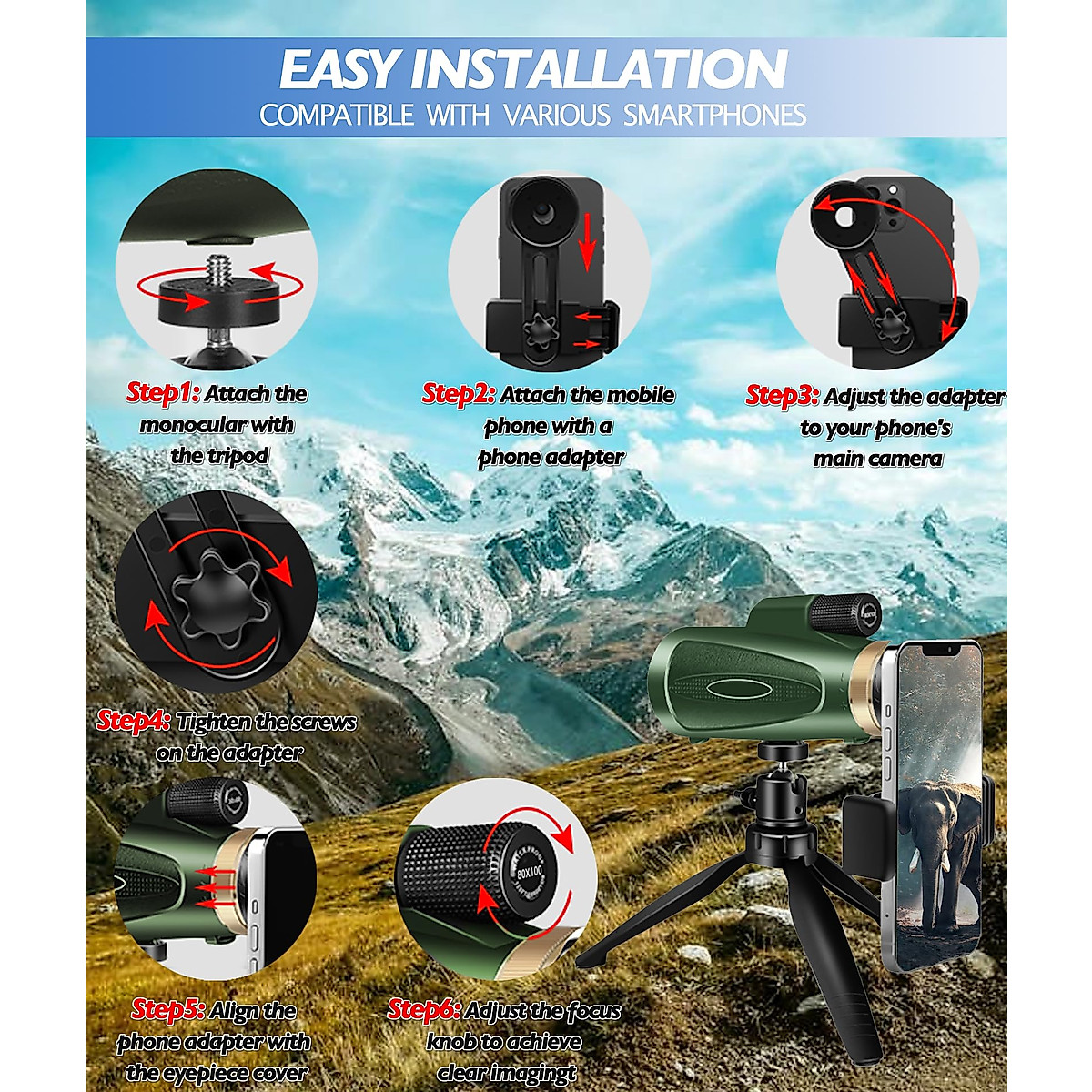 Monocular-Telescope 80x100 HD for Adults Larger Vision Monoculars High Powered Smartphone Monocular for Bird Watching Hunting Hiking Camping Wildlife