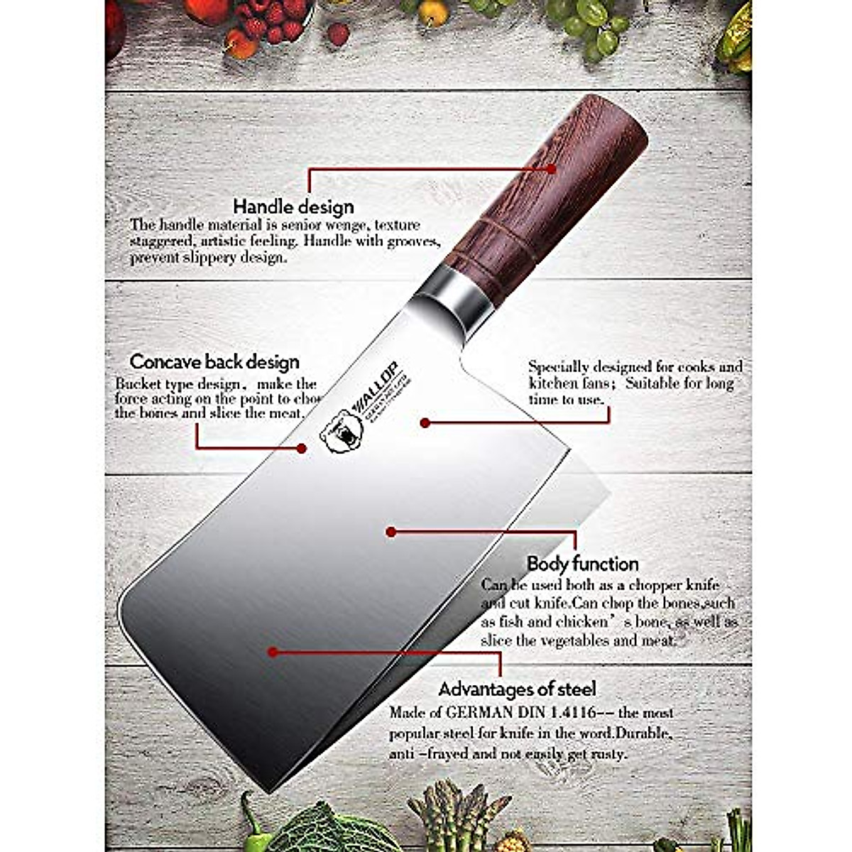 WALLOP Bone Chopper - 7.5 inch Meat Cleaver Knife Bone Chopping Knife Chinese Chef Knife Butcher Knife, German Stainless Steel Ergonomic Wenge Wood Handle for Home Kitchen or Restaurant