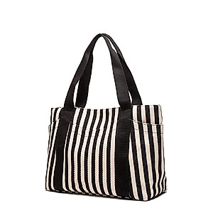 YHSHYZH Medium Tote Handbag Black & White Striped Daily Satchel Shoulder Purses with Multi-Pockets Canvas Vaction Work Tote with Zipper Spring Summer Beach Bag Gifts for Womens (M Black+White)