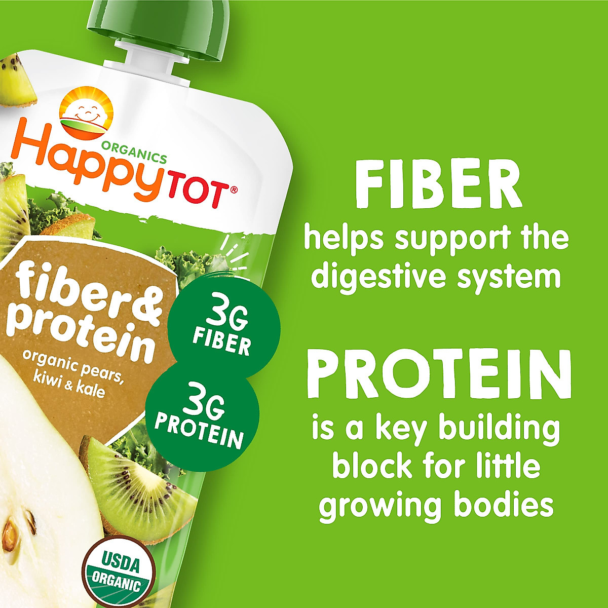 Happy Tot Organics Stage 4 Baby Food Pouches, Gluten Free, Vegan Snack, Fiber & Protein Fruit & Veggie Puree, Pears, Kiwi & Kale, 4 Ounce (Pack of 16)