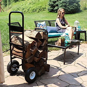 Sunnydaze Outdoor Firewood Log Cart with Pneumatic Tires - Black Steel Rolling Wood Carrier