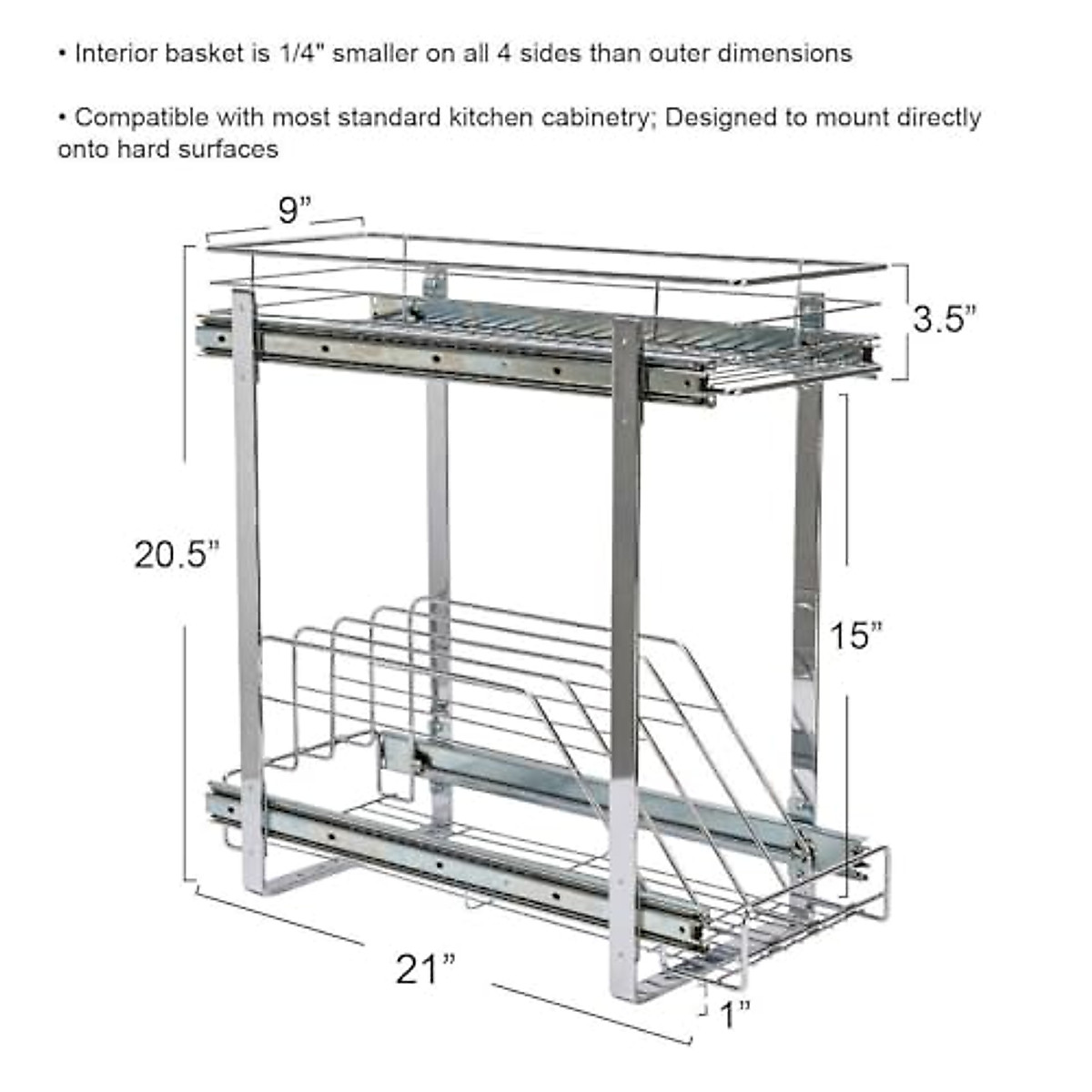 Household Essentials Glidez Multipurpose Chrome-Plated Steel Pull-Out/Slide-Out Dual-Sliding Storage Organizer for Cookware and Bakeware - 2-Tier Design - Fits Standard Size Cabinet or Shelf, Chrome