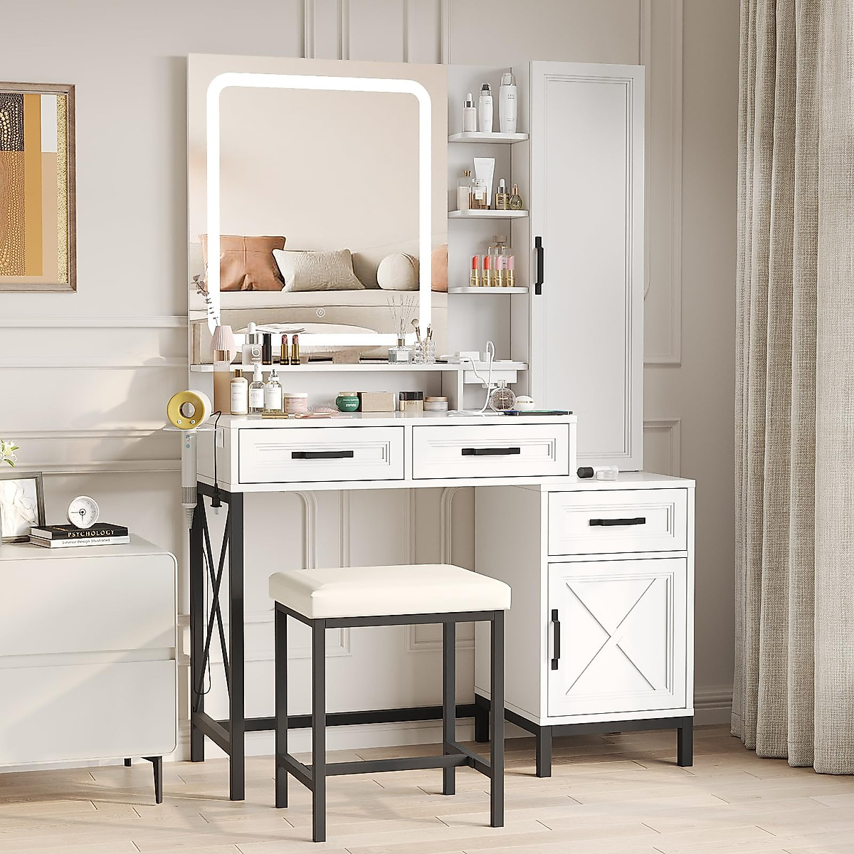 Maupvit Vanity Desk with HD LED Mirror,White Vanity with Large Jewelry Cabinet,Lots Storage Shelves,3 Drawers & Cabinets,Vanity with Charging Station,3 Lighting Modes, Brightness Adjustable