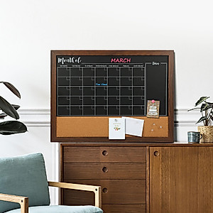4 THOUGHT Chalkboard Calendar Corkboard Combo, 18" x 24" Bulletin Board Magnetic Calendar Chalkboard for Wall Combination Board Monthly Planner Rustic Brown Frame 2 Markers 6 Magnets 4 Pushpins