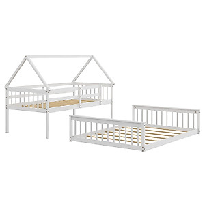 Giantex Wood Twin Over Full Bunk Bed, Solid Wood House Bed Frame Built in Ladder & Safety Guardrails, Convertible to 2 Beds, Floor Bunk Bed for Kids Teens Juniors, No Box Spring Needed, White