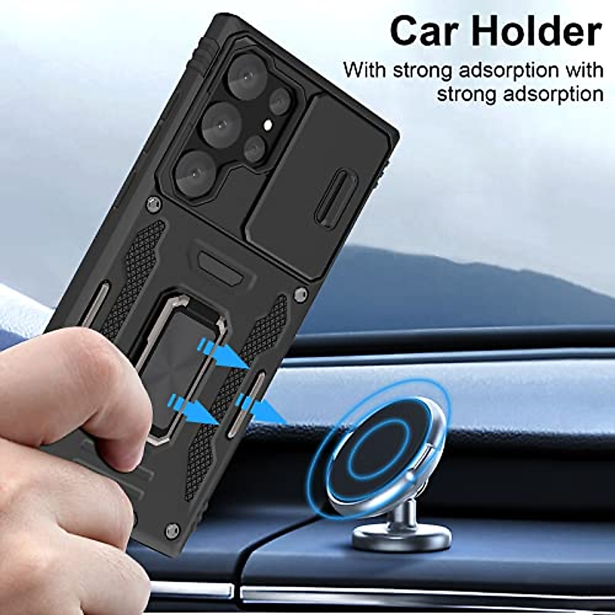 Samsung Galaxy S23 Ultra Case with Slide Camera Cover Polycarbonate Shockproof Phone Case with 360°Rotate Magnetic Ring Stand for Galaxy S23 Ultra 6.8 inch - Black