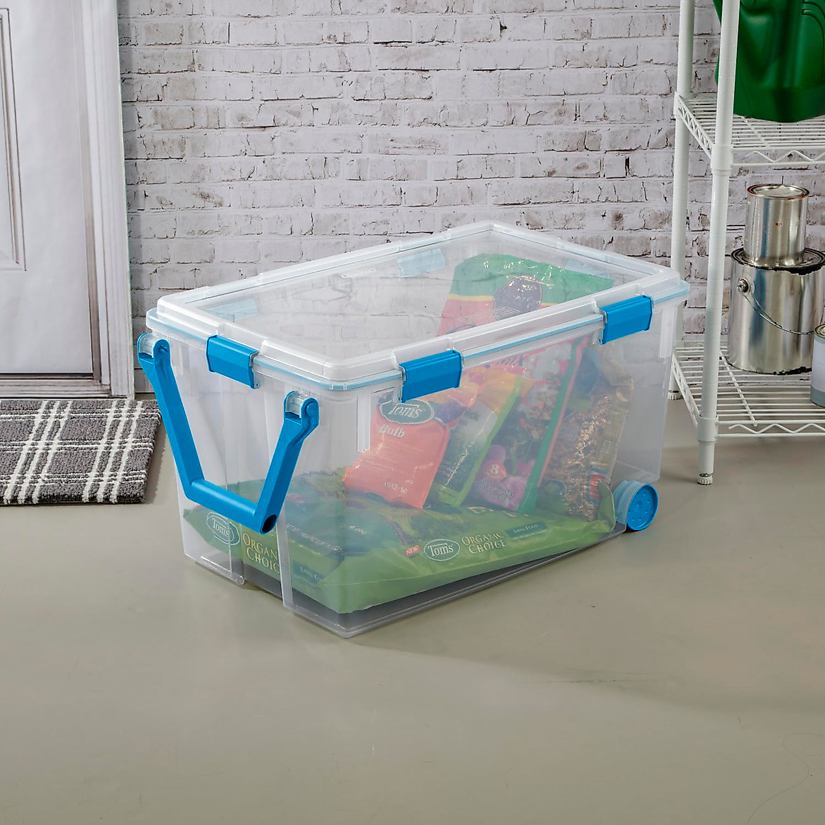 Sterilite 120 Qt Wheeled Gasket Box, Stackable Storage Bin with Latching Lid, Handle and Tight Seal, Plastic Container with Clear Base and Lid, 3-Pack