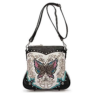 Western Style Butterfly Tooled Leather Women Purse Cross Body Handbag Concealed Carry Single Shoulder Bag (Black)