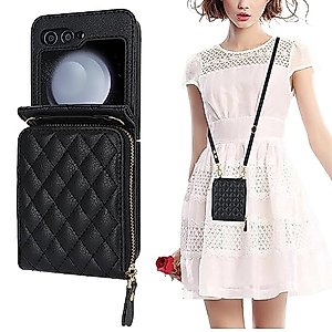 KIHUWEY for Samsung Galaxy Z Flip 5 Wallet Case, Crossbody Zipper Purse with Credit Card Slot Holder RFID Blocking PU Leather Adjustable Lanyard Detachable Strap Wrist for Women (Black)