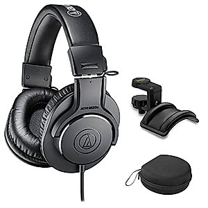 Audio-Technica ATH-M20x Closed-Back Monitor Headphones Bundle with Auray Headphones Holder and Headphone Case