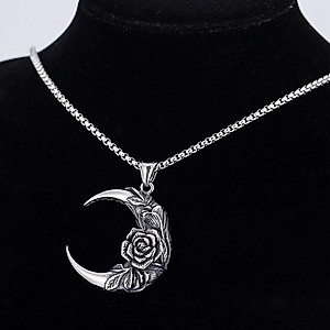 Jude Jewelers Stainless Steel Moon Crescent Shape Rose Flower Antique Vintage Cocktail Party Biker Pendant Necklace (Silver)