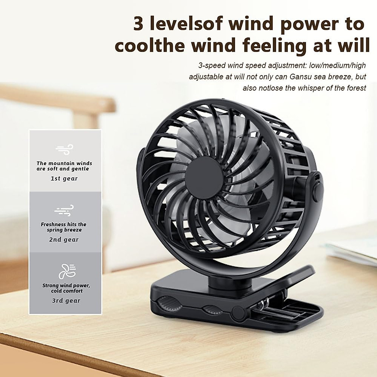 ENCHANTLIVING Portable Mini Clip On Fan,Desk Fan,Neck Fan,2.8 Inch Rechargeable,720 degree Rotate,3 Speed Quiet Mini Clip Fan,Small Clip on Fan Ideal For Outdoor Bedroom Office Camping Travel (black)