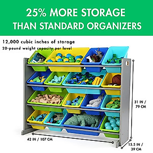 Humble Crew Extra-Large Toy Organizer, 16 Storage Bins, Grey/Blue/Green/Yellow,15.5"D x 42"W x 35"H