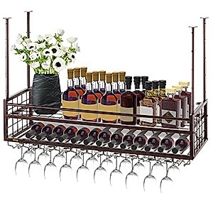 VEVOR Ceiling Wine Glass Rack, 46.9 x 11.8 inch Hanging Wine Glass Rack, 18.9-35.8 inch Height Adjustable Hanging Wine Rack Cabinet, Coppery Wall-Mounted Wine Glass Rack Perfect for Bar Cafe Kitchen