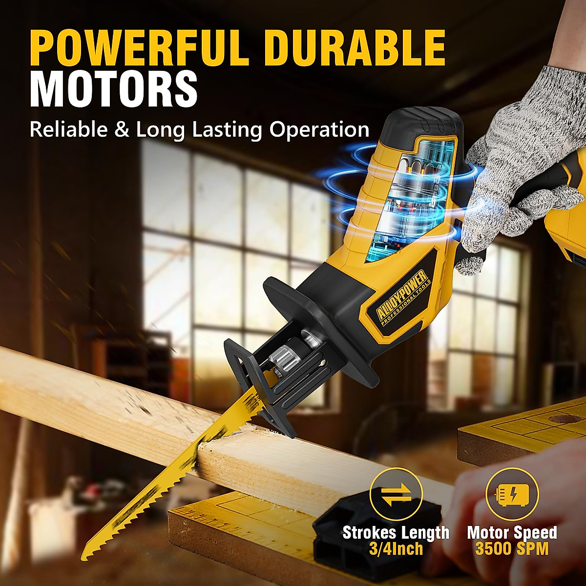 ALLOY POWER 20V Cordless Reciprocating Saw, 0-3500 SPM, with 2 Packs Batteries, Tool-free Blade Change, LED Light Power Reciprocating Saws, 6 Saw Blades Kit for Wood/Metal/PVC Cutting Included