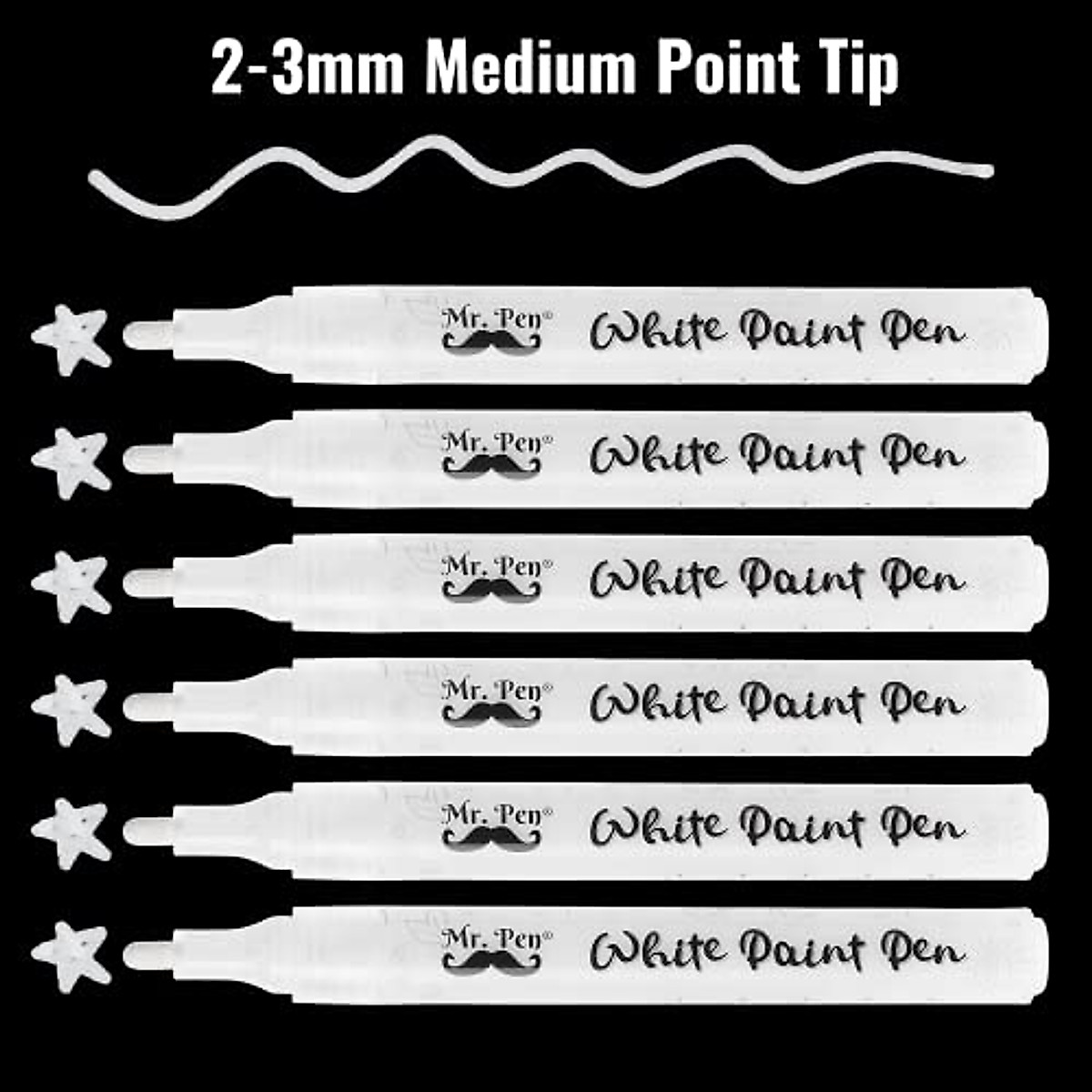 Mr. Pen- White Paint Pen, 6 Pack, Water-Based, Acrylic Paint Marker, White Paint Marker, White Pens for Art, White Markers for Black Paper, White Paint Pen Medium Tip, White Fabric Pen