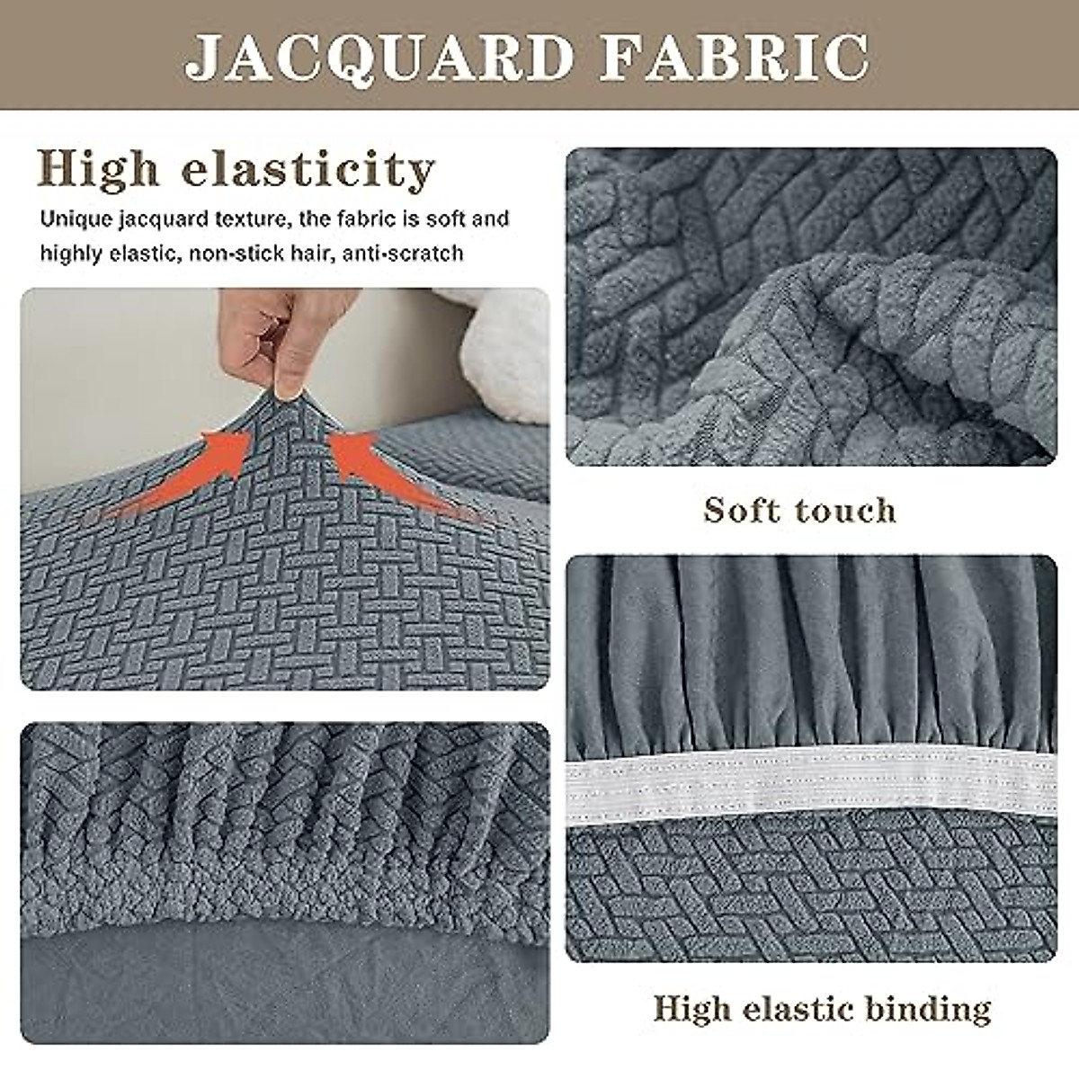 Jin Le Stretch Couch Cushion Covers Sofa Seat Couch Covers for 3 Cushion Couch Sofa Pet Friendly Jacquard Soft Fabric with Elastic Bottom and Ties (3 PC, Dark Gray)