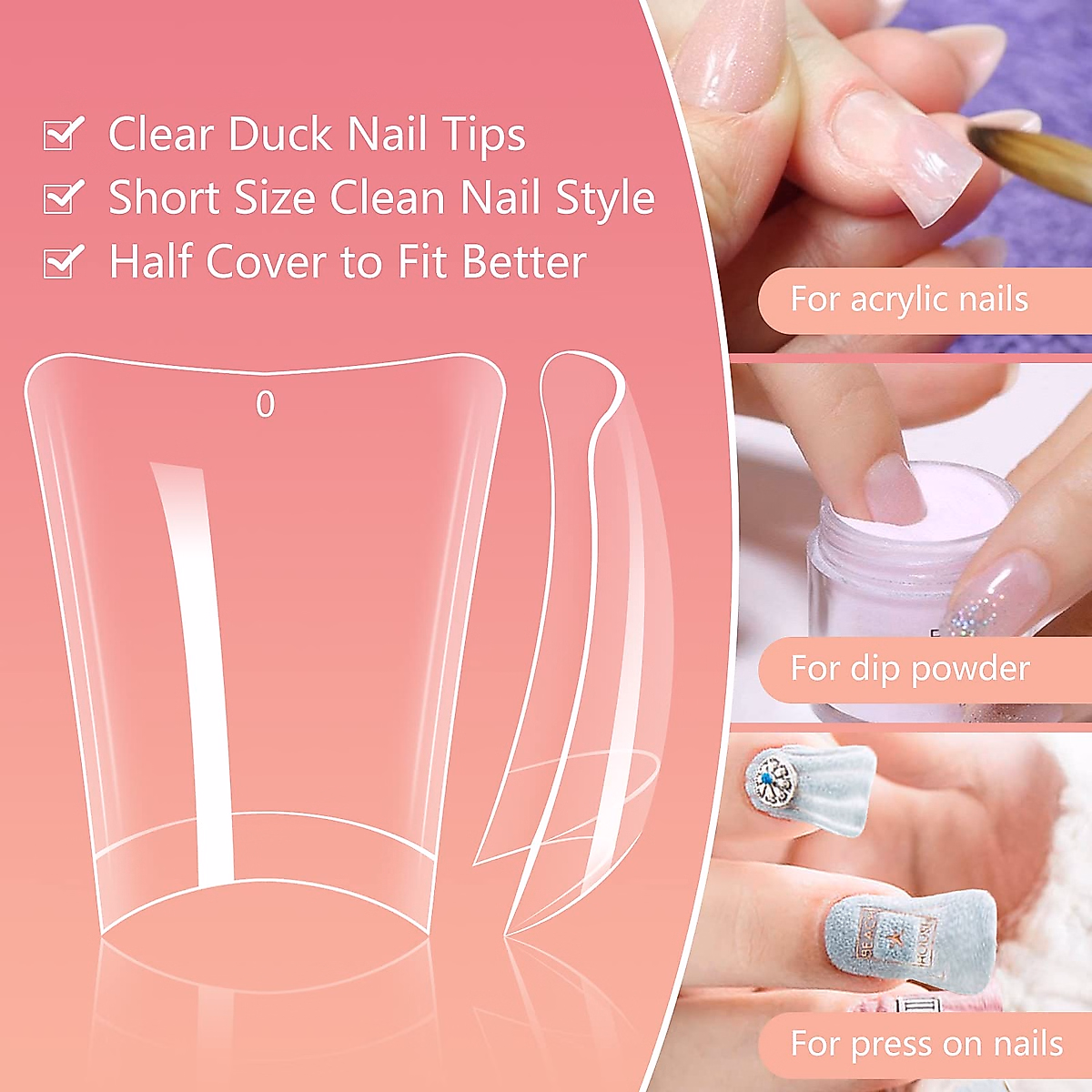 Lionvison Clear Duck Nails Tips, Short Duck Feet Nail Tips Flare Wide Press on Nail Tips for Acrylic Nails, 240PCS Half Cover False Nail Extensions Tips for Nail Salon Tech, 10 Sizes with Nail Charms