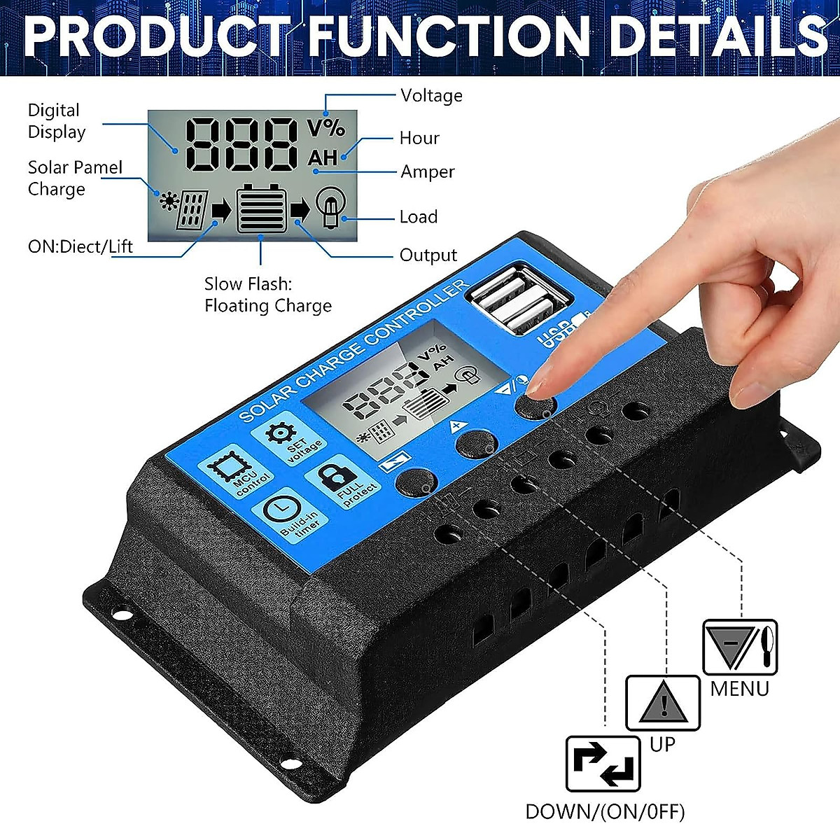 12V/ 24V Auto Solar Charge Controller Photovoltaic Panel Regulator with Adjustable LCD Display Dual USB Port Timer Setting PWM Auto Parameter (30 A)