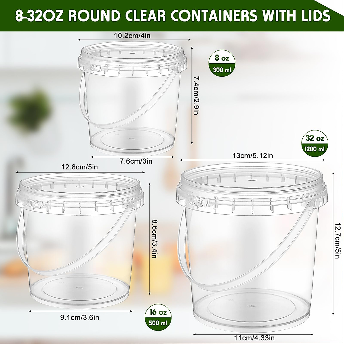 Mifoci 60 Pcs Food Clear Bucket Plastic Gallon Bucket Round Reusable Ice Cream Containers 32oz 16oz 8oz with Lids and Handles Airtight Clear Tub Freezer Reusable Pail for Kitchen Drinks Home, 3 Size