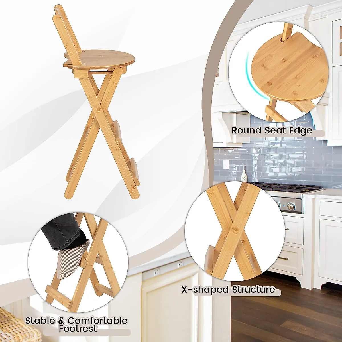 COSTWAY Folding Bamboo Bar Stools Set of 2, 24-inch Kitchen Counter Height Stools with Backrest and Footrest, Portable Bar Chairs for Home Kitchen Island Breakfast, No Assembly, Natural