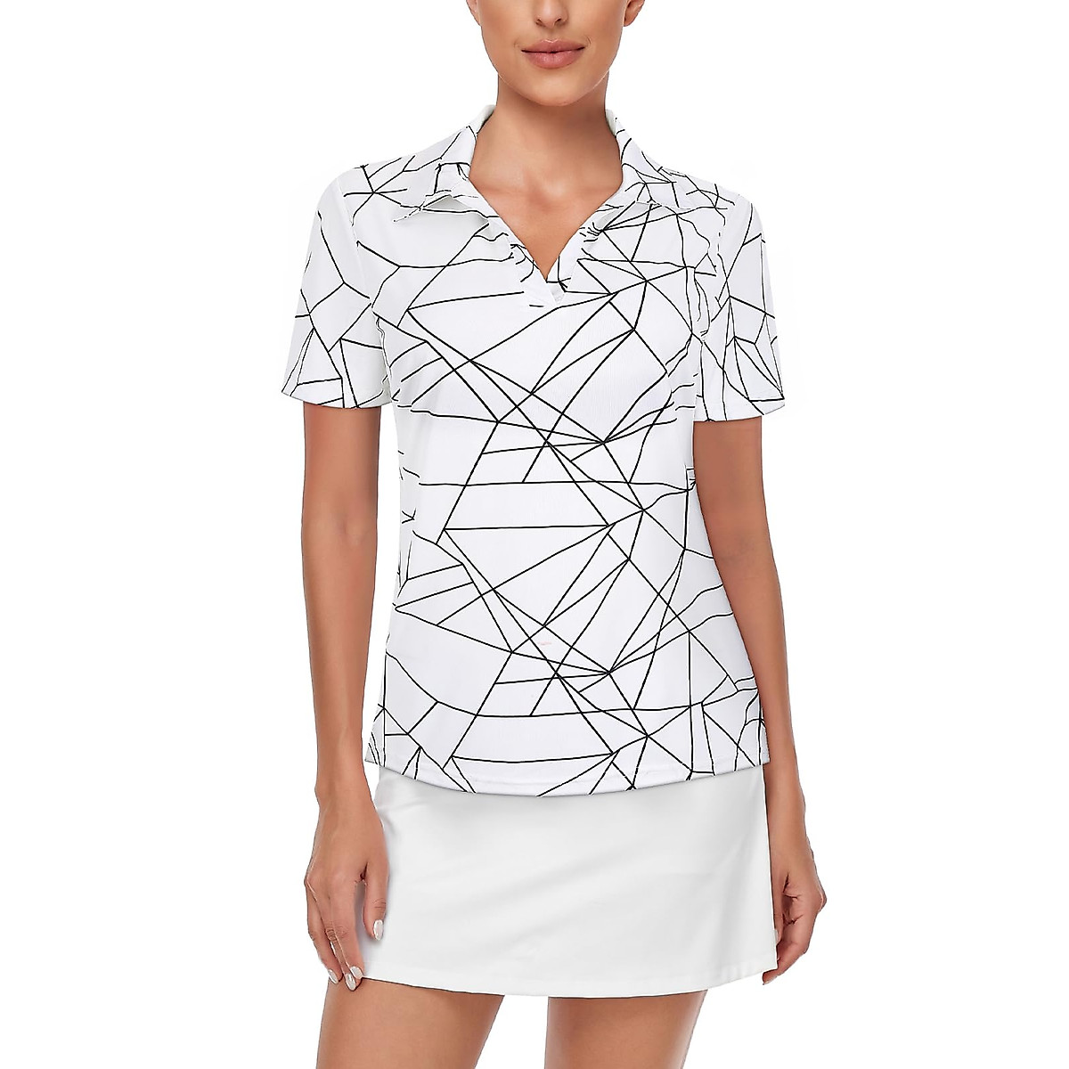 Cucuchy Women's Golf Clothing Golf Shirt UPF50+ Sun Protection Short Sleeve Workout Moisture Wicking Athletic Shirts Polo V Neck Tops Geometry White M