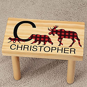 Fox Valley Traders Personalized Children's Step Stool, Natural Wood, Buffalo Plaid Design with Custom Name