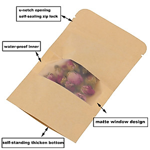 SHEUTSAN 500 Pack Kraft Bags with Window, 3.5 x 5.5 Inches Stand Up Storage Pouches Ziplock Sealing Packaging Paper Bag Resealable Sample Bags for home and business use