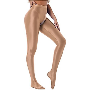 Lejafay Women Shiny Oil Pantyhose Footed Silk Stockings Ultra Shimmery High Waist Translucent Tights Coffee X-Large