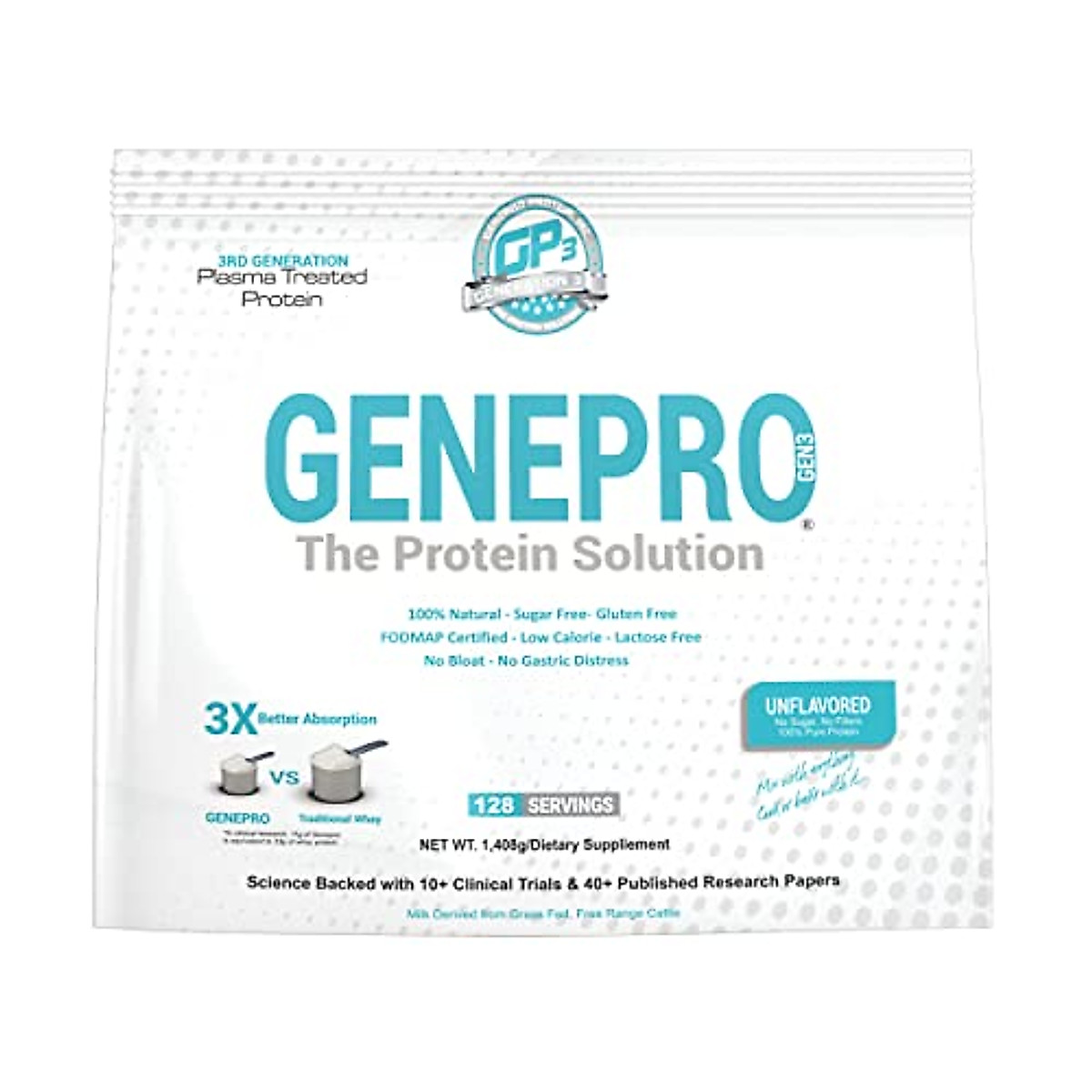 Genepro Unflavored Protein Powder - New Formula - Lactose-Free, Gluten-Free, & Non-GMO Whey Isolate Supplement Shake (3rd Generation, 128 Servings)
