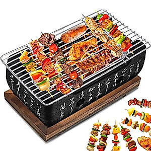 Japanese Style Grill Portable Japanese Barbecue Grill Aluminum Alloy Hibachi Grill Charcoal Stove Yakitori Grill Household Indoor Charcoal Grill with Wire Mesh Wooden Base (Rectangular Style)
