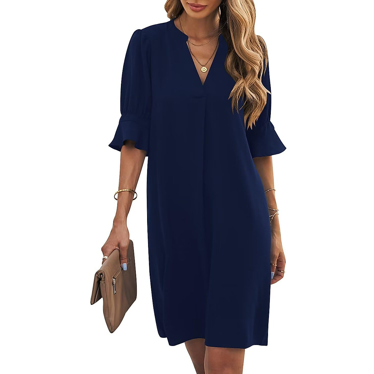 Wkior Women's Shift Dresses Elegant Summer V Neck Casual Flowy Swing Dress Blue S