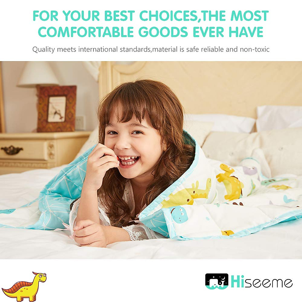 Hiseeme Weighted Blanket for (7lbs, 41''x60'', Single Size) Small Pockets - Breathable Cotton with Glass Beads (Dinosaur)