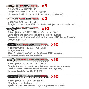 50 Piece Contractor Jigsaw Blades Set with Storage Case, Assorted T-Shank Jig Saw Blades for Wood, Plastic and Metal Cutting(T118A,T118B,T101AO,T101B,T101BR,T144D)
