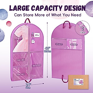 SNOWLYCNY 40" Dance Garment Bags for Dancers, Dance Costume Garment Bag with 6 Pockets for Travel, Clothing Storage and Competition, Kids Garment Bags for Hanging Clothes, Dress, 2 Pack, Purple