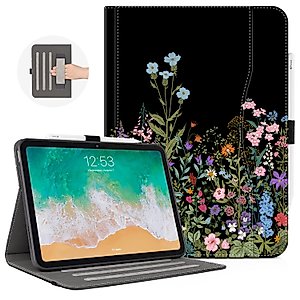 for iPad 10Th Generation Case, for iPad Case 10Th Generation 2022, for iPad 10Th Gen Case 10.9 Inch Pencil Holder/Hand Strap/Pocket, Adjustable Stand, Auto Wake/Sleep, Black Flower Floral