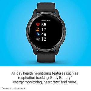 Garmin Venu, GPS Smartwatch with Bright Touchscreen Display, Features Music, Body Energy Monitoring, Animated Workouts, Pulse Ox Sensor and More, Black, 010-N2173-11 (Renewed)