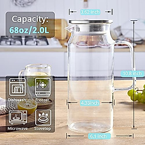 2 Liter 68 oz Glass Pitcher with Lid and Spout, Bivvclaz Glass Water Pitcher for Fridge, Glass Carafe for Hot/Cold Water, Iced Tea Pitcher, Large Pitcher for Coffee, Juice and Homemade Beverage