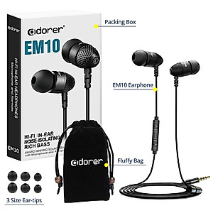 Adorer Wired Earphones, EM10 Powerful Bass in Ear Headphones with Microphone and Volume Control, Noise Isolating Earphones - Black