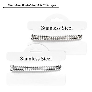 by you Stainless Steel Gold Silver Beaded Ball Bracelets for Women Stretchable Elastic Bracelet Set (4mm / 4pcs - Silver)