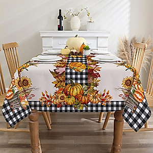 cusugbaso Fall Tablecloth 60x84 Inch Rectangle - Black Plaid Harvest Pumpkins Fall Decorations for Home - Water Resistant Thanksgiving Table Cloth Rectangle for Party, Dinning, Home